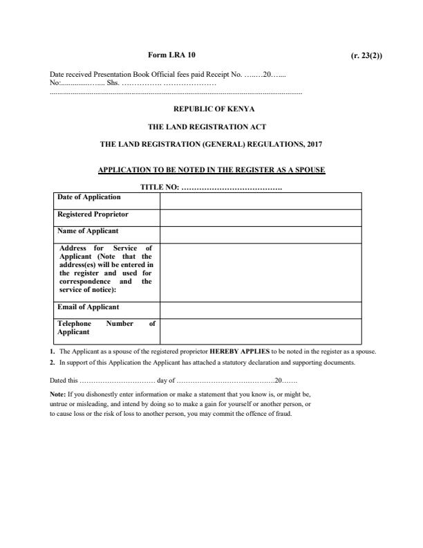 Application to be Noted in the Register as a Spouse (Form LRA 10)