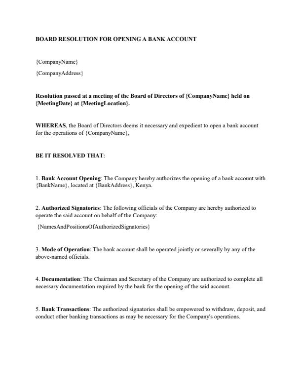 Sample Board Resolution for Opening a Bank Account in Kenya