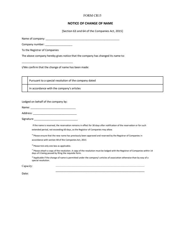 Form CR15 – Notice of Change of Name