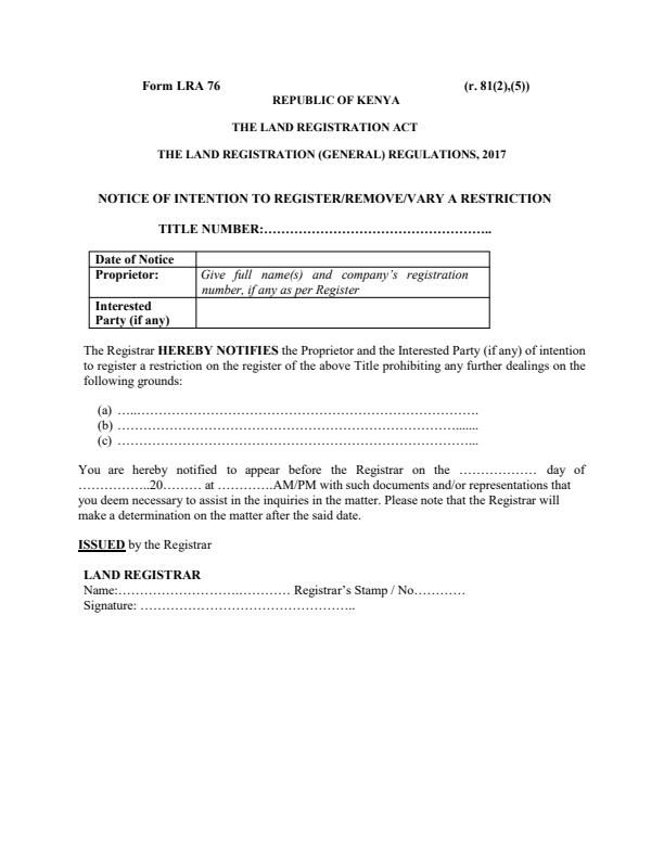 Form LRA 76 - Notice of Intention to Register/Remove/Vary a Restriction