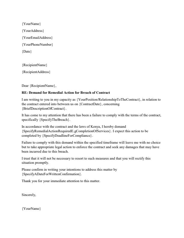 Demand for Remedial Action for Breach of Contract